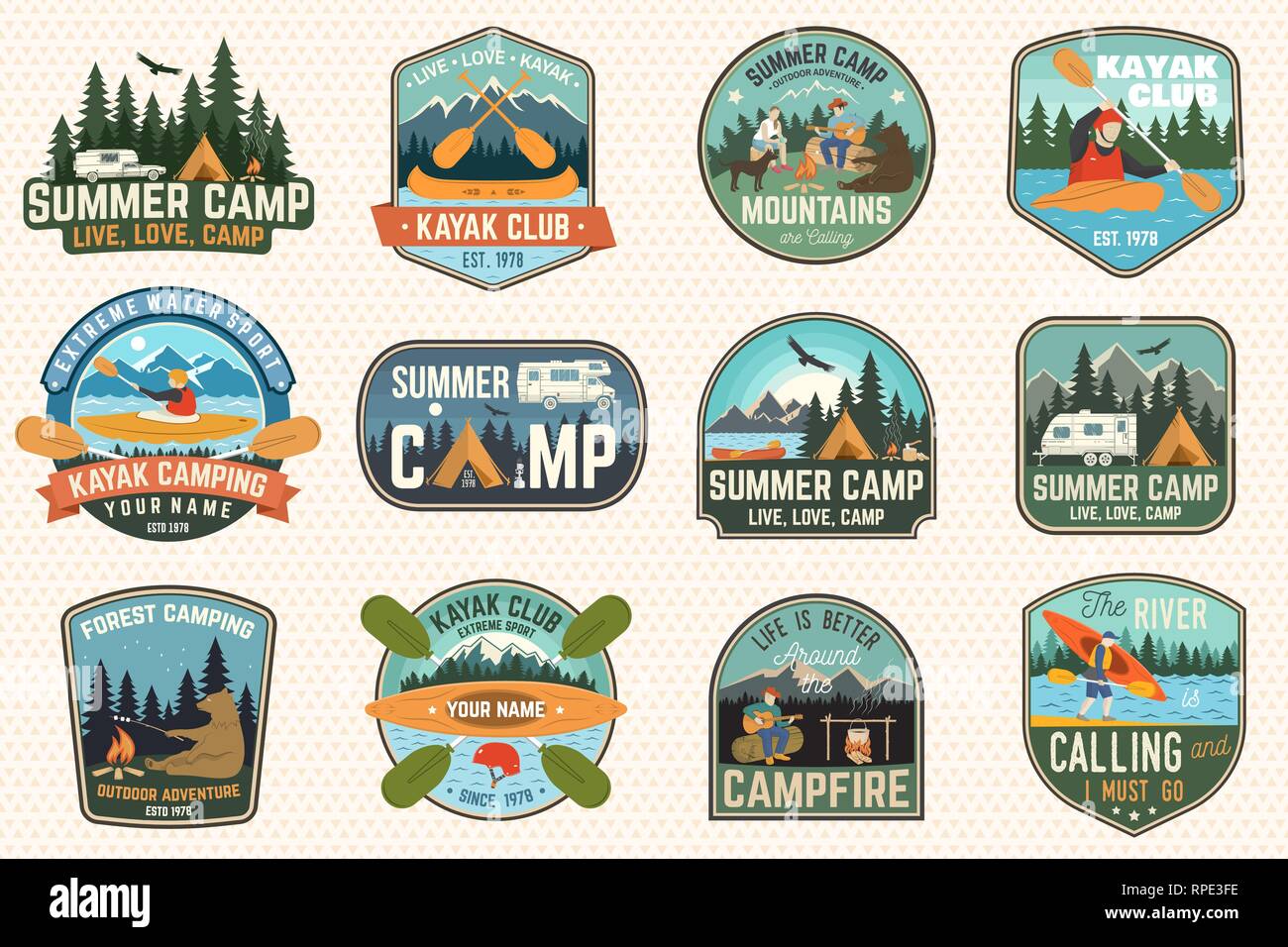Set of summer camp, canoe and kayak club badges. Vector. For patch ...