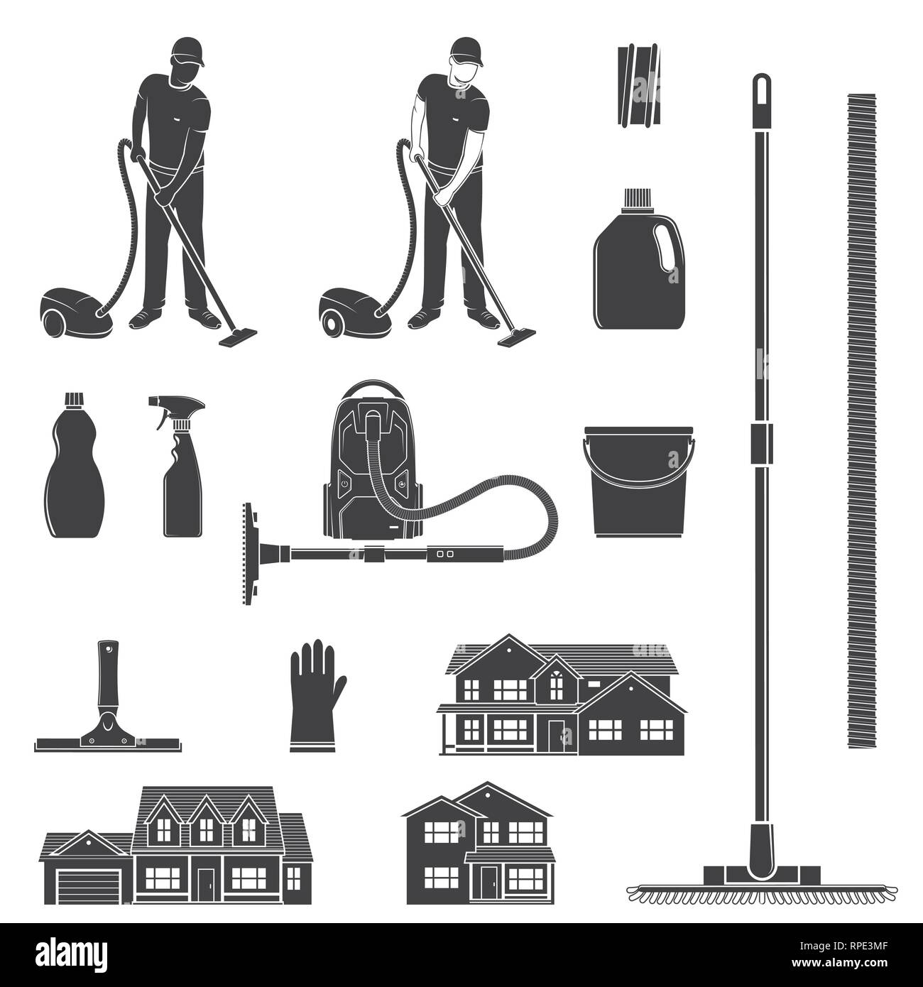 Cleaning icon silhouette for emblems ,badge and labels. Set include man ...