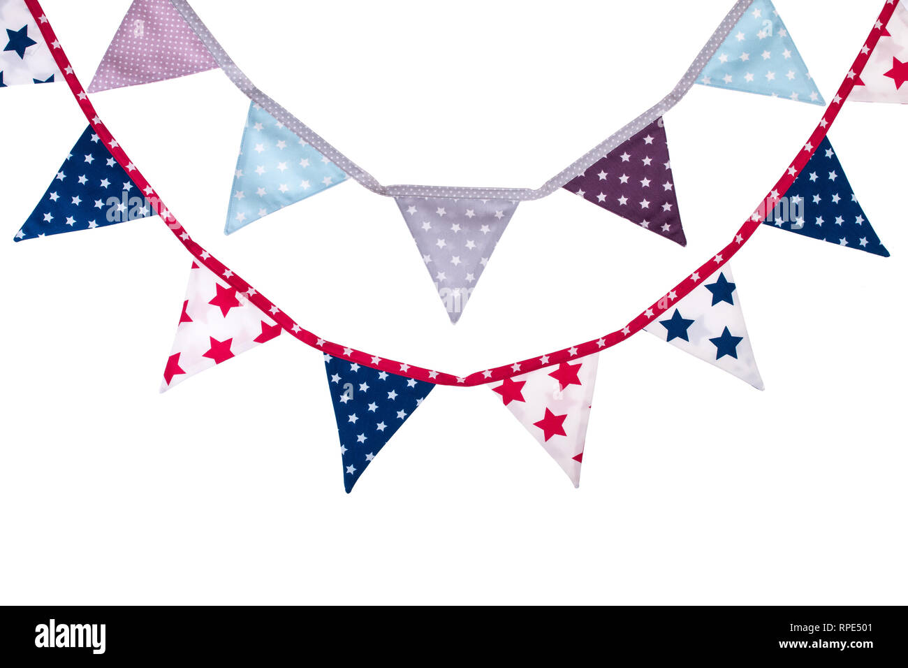 Party triangle bunting flags hanging on the rope. Isolated on white ...