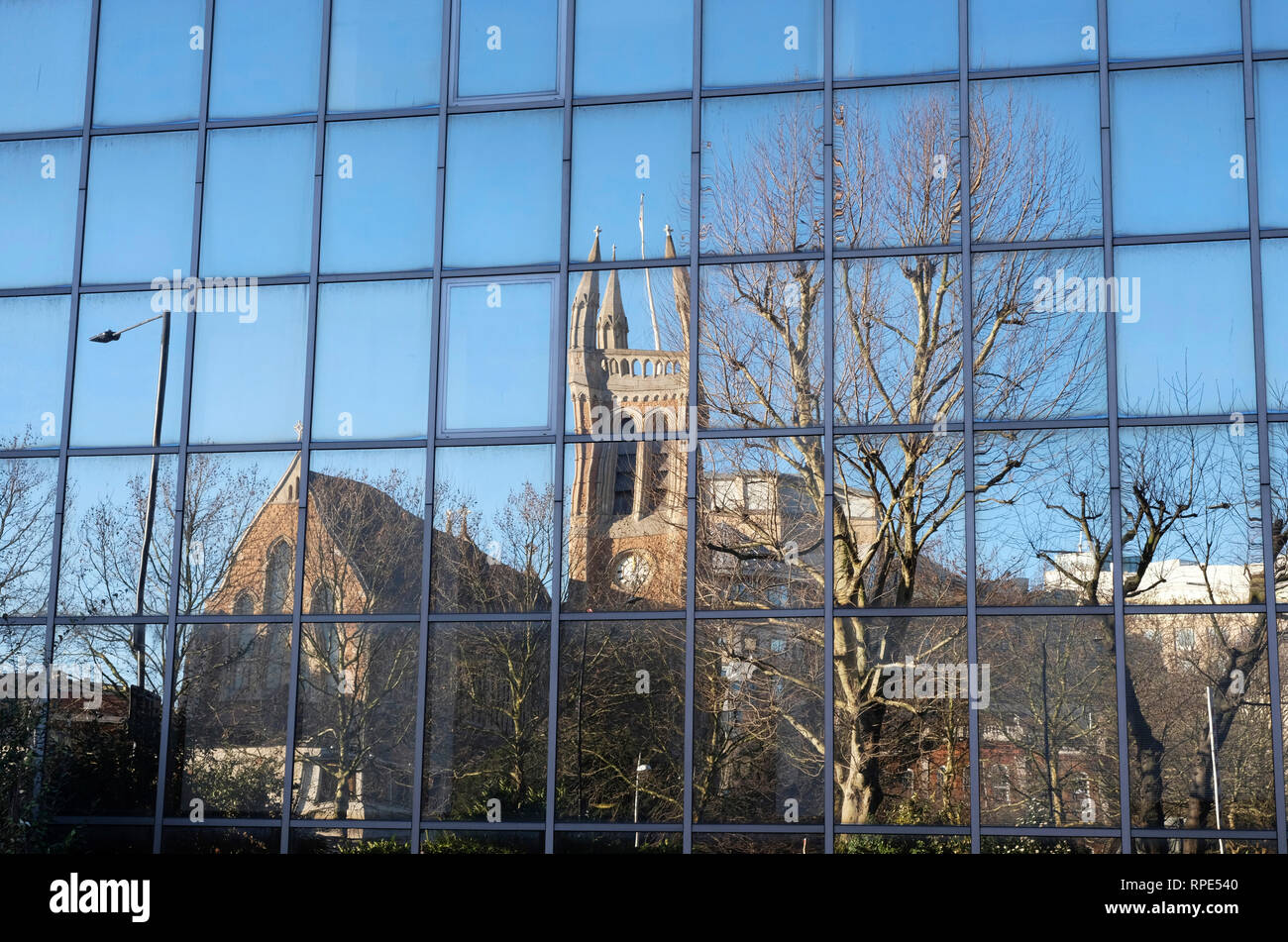 Europe, UK, England, London, Hammersmith St Paul's Church reflection ...