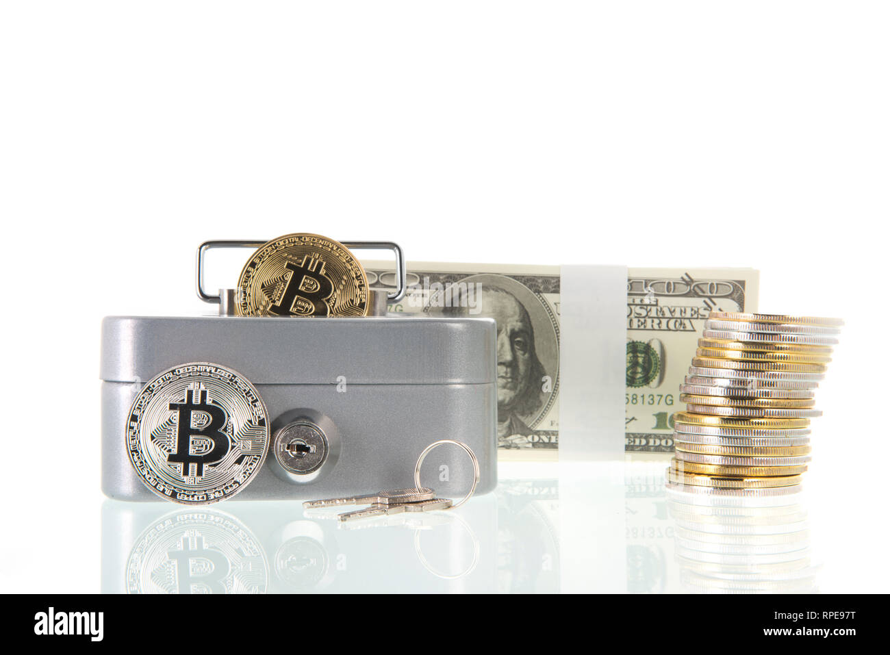 Stacked silver bitcoins isolated over white background Stock Photo - Alamy