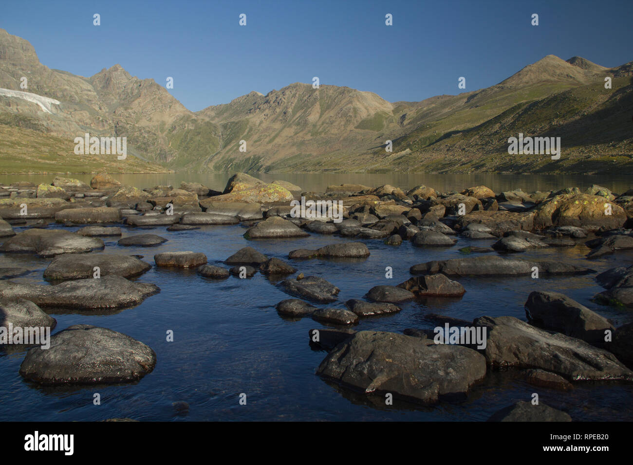 Scenic view of Gangabal Lake also known by the name of Harmukh Ganga ...