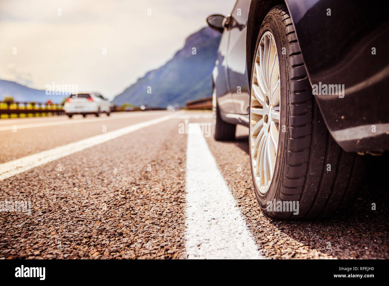 Car is standing on the breakdown lane, asphalt and tyre, Italy Stock ...