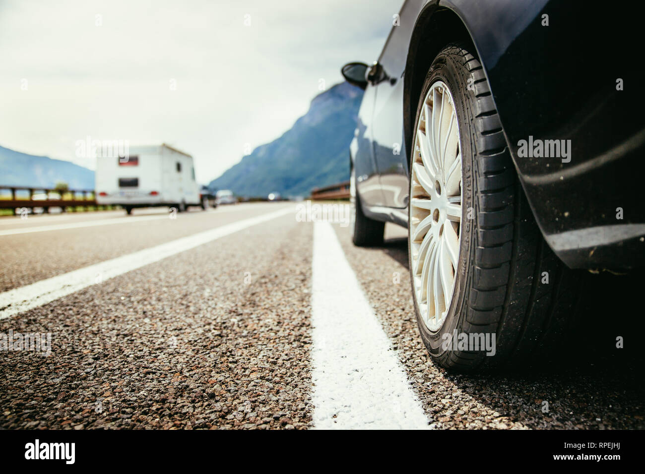 Car is standing on the breakdown lane, asphalt and tyre, Italy Stock ...