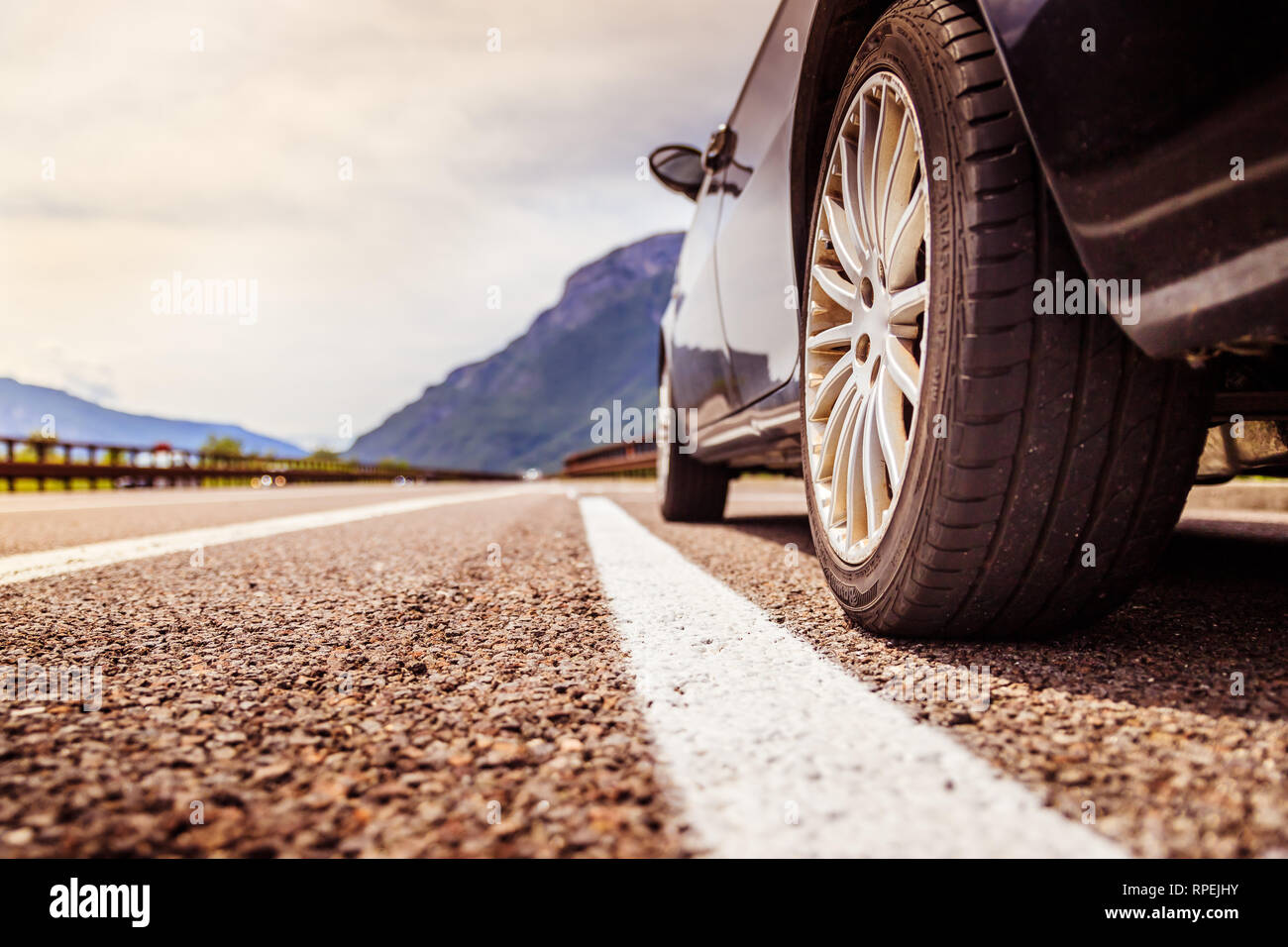 Car is standing on the breakdown lane, asphalt and tyre, Italy Stock ...