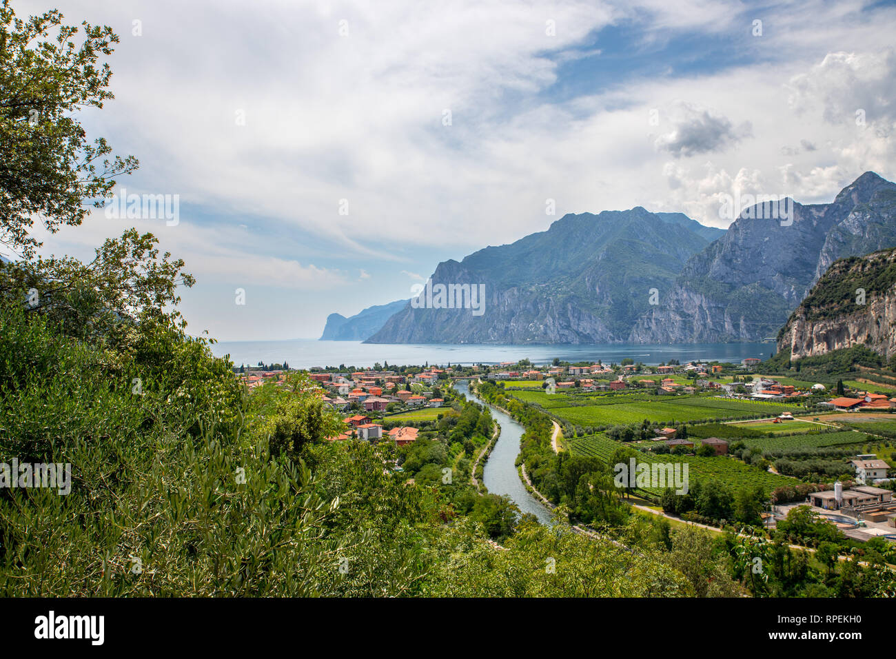 Idyllic landscape Italy, Lago di Garda: Mountains, a small village and ...