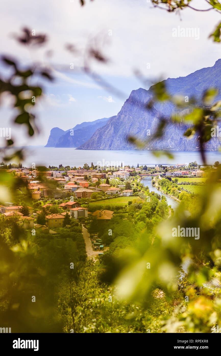Idyllic landscape Italy, Lago di Garda: Mountains, a small village and ...