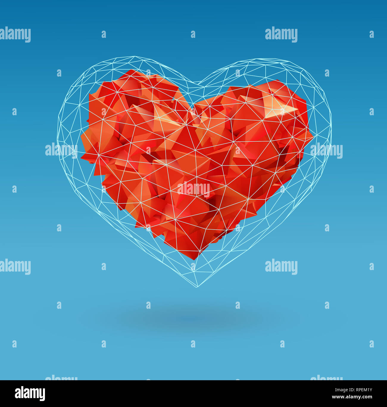 Abstract red geometric shapes combine to heart symbol in polygonal ...