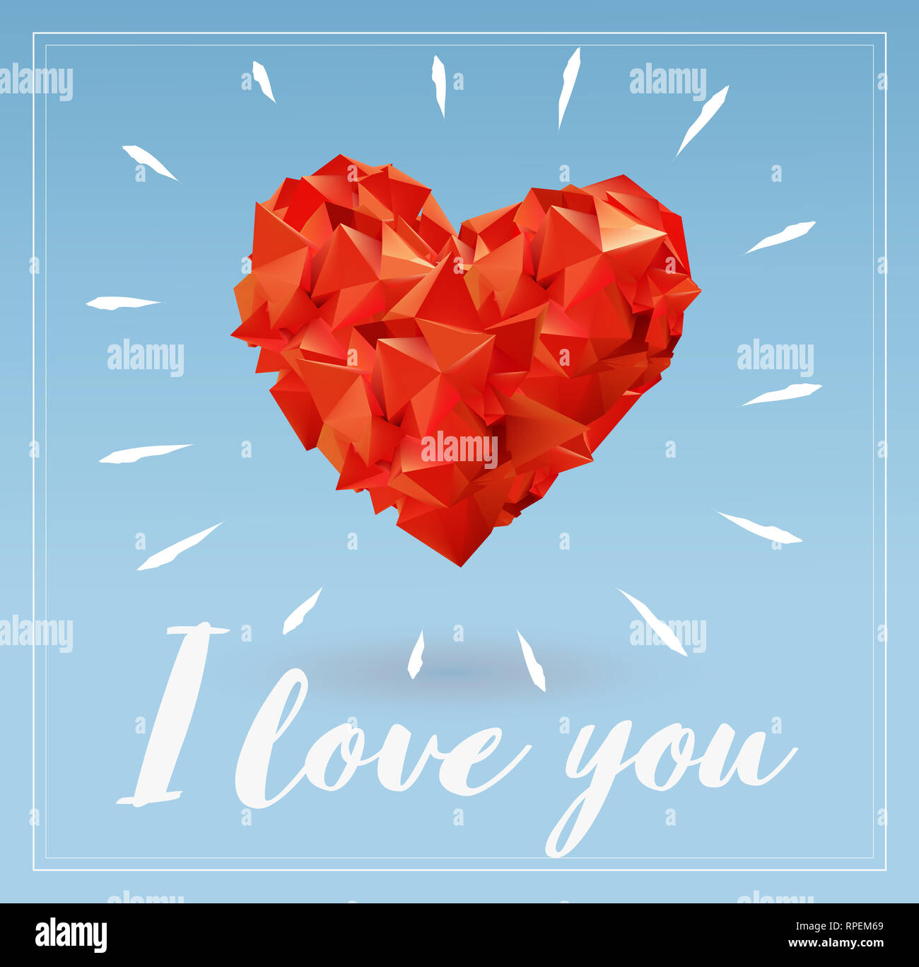 Abstract red geometric shapes conbine to heart symbol shape on blue ...