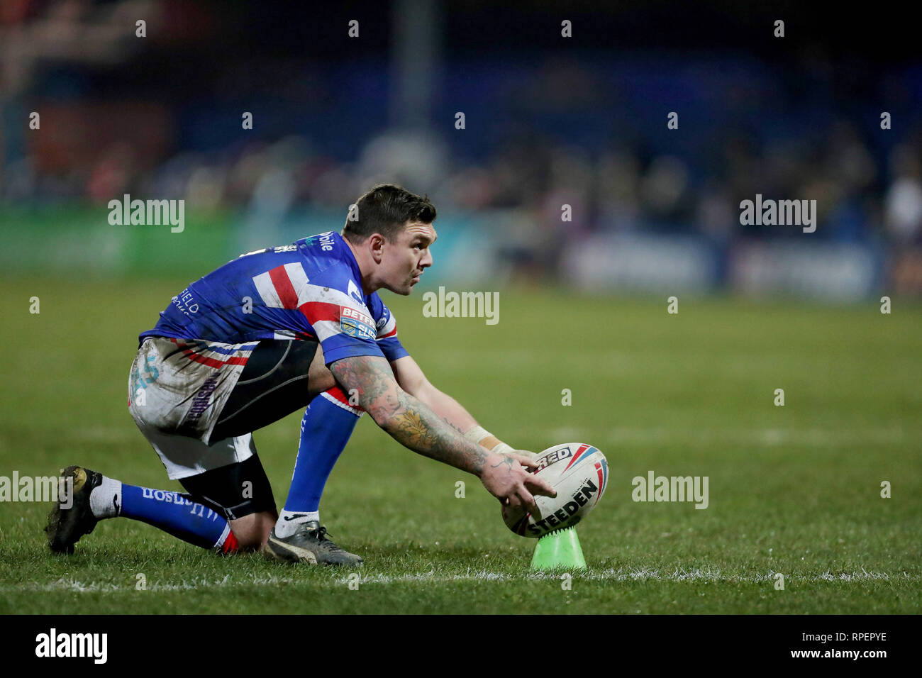 Wakefield Trinity's Danny Brough places the ball to convert during the ...