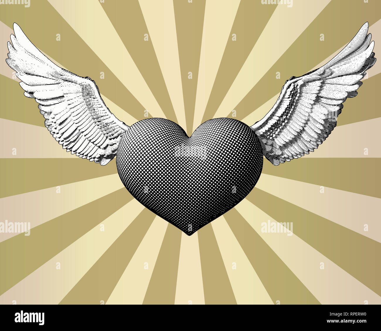 Monochrome engraving heart and wing illustration isolated on gold ...