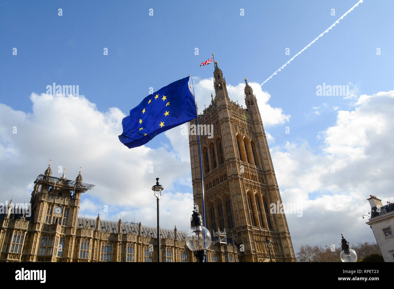 E.U. Flag flying in front of Union ack flag at Houses of Parliament ...