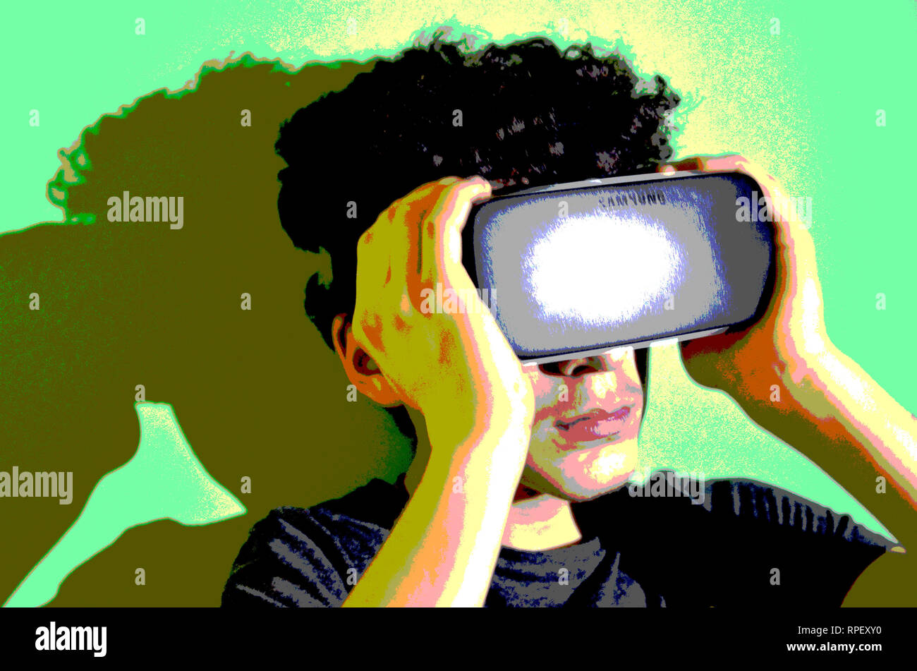 Abstract and conceptual image of a Caucasian boy wearing a VR 360 ...