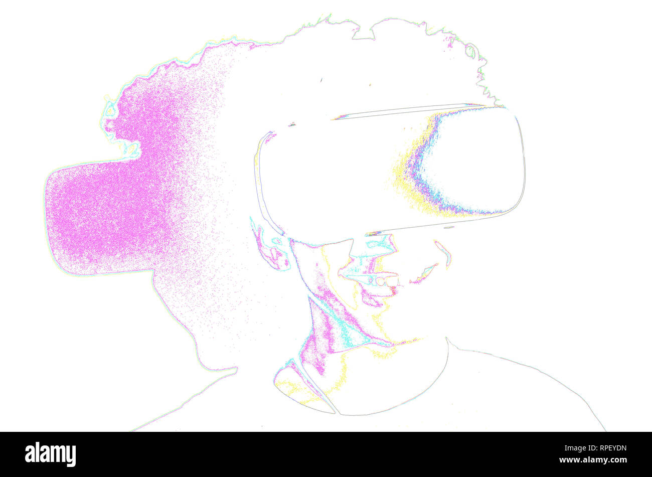 Abstract and conceptual image of a Caucasian boy wearing a VR 360 ...