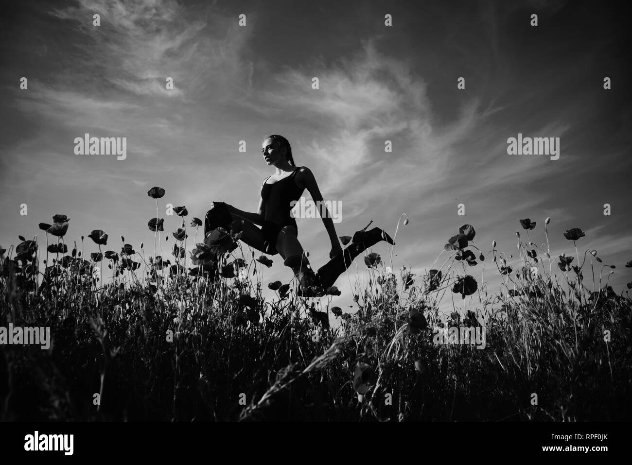 summer girl jump in flower field of poppy seed Stock Photo - Alamy