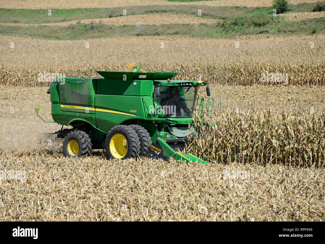 USA, Nebraska, Omaha Reservation, Omaha Nations Farm, corn harvest with ...