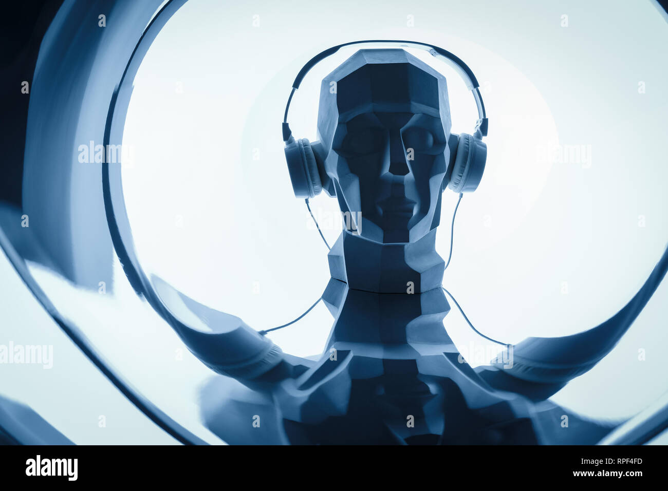 Silhouette of a cyber digital head in a headphones as a dj . Cyber ...