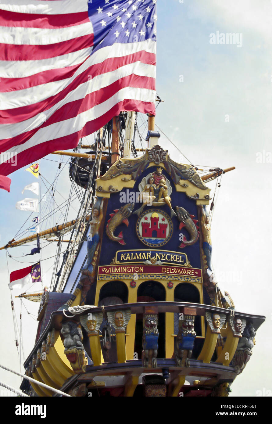 ornate carved wood stern; large U.S. flag; Kalmar Nyckel tall ship ...