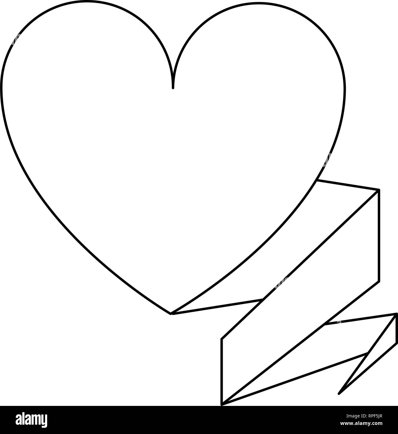 heart love with ribbon banner symbol black and white Stock Vector Image ...