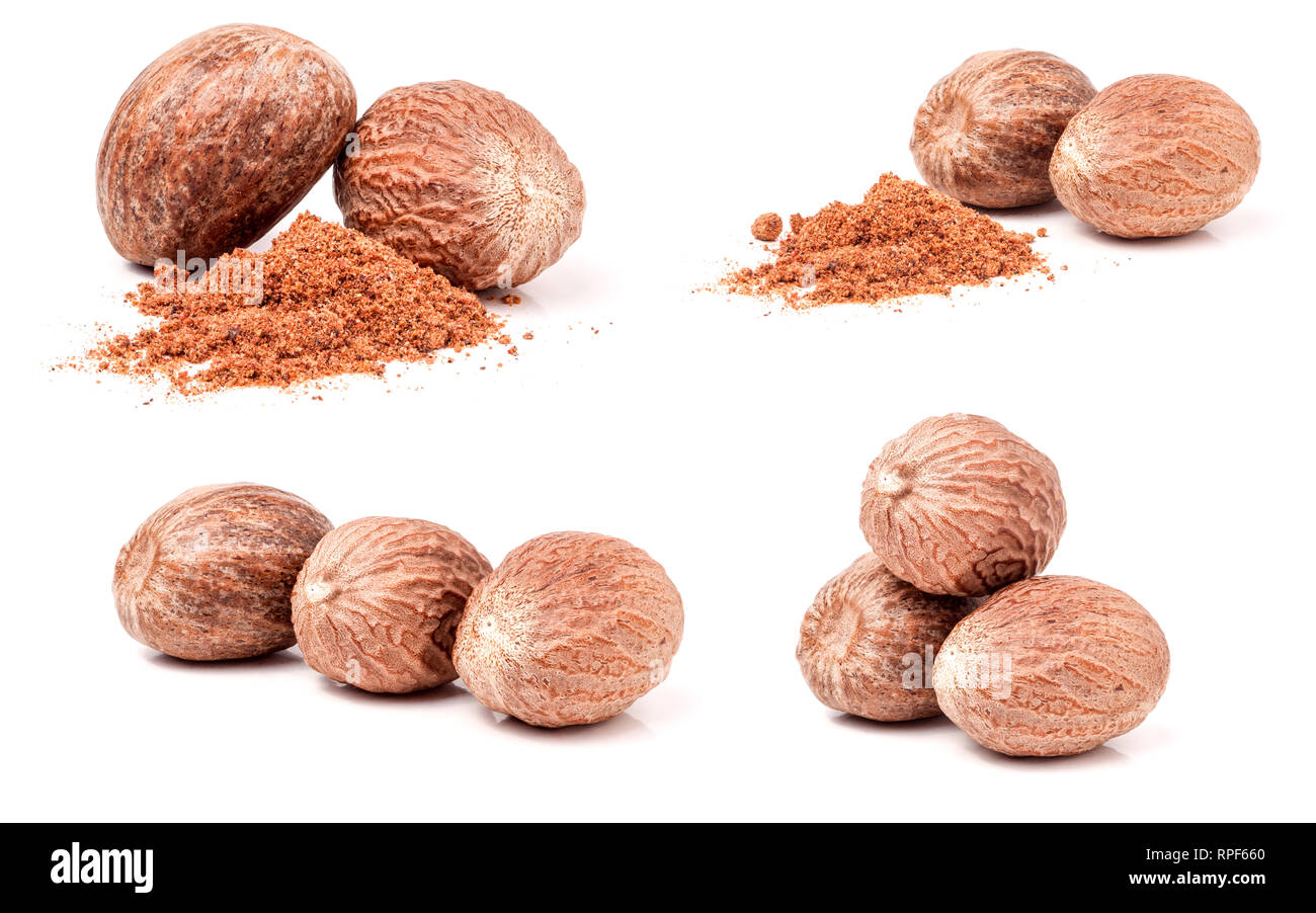 four nutmeg and powder isolated on white background. Set or collection ...