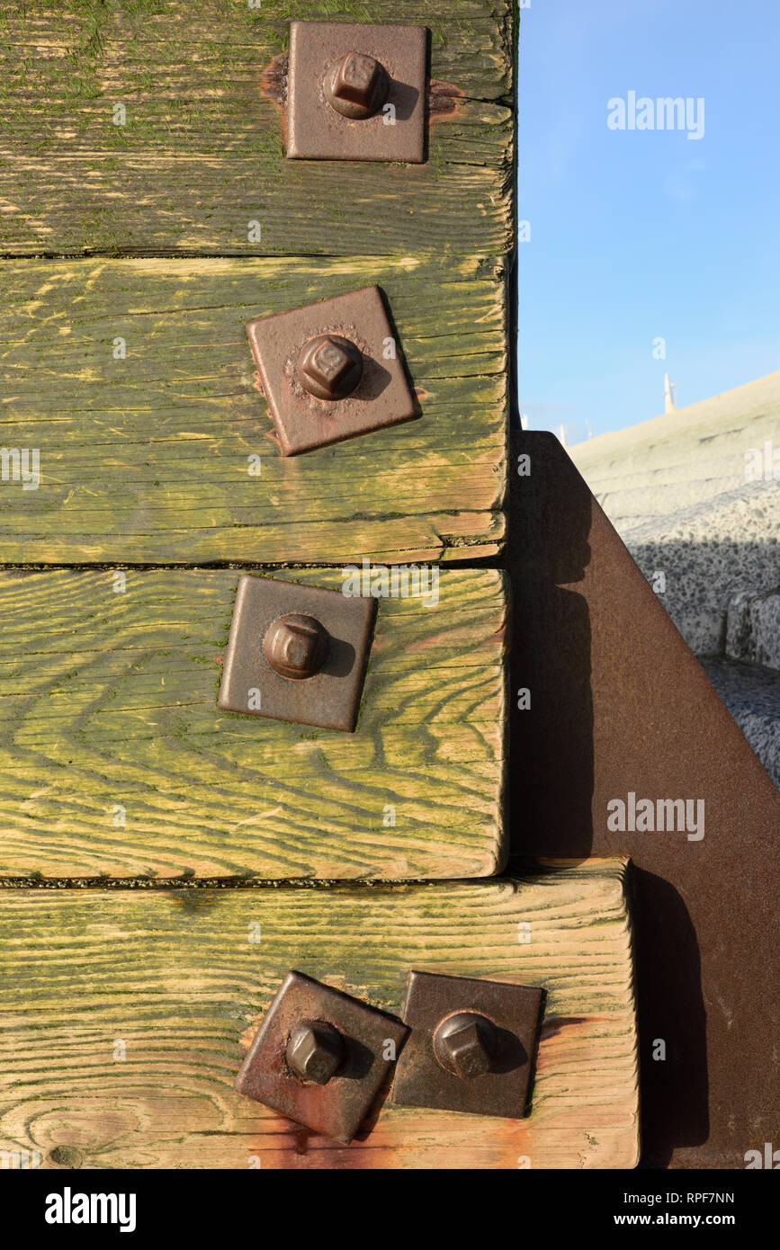 Rusty steel fixings and bracket and algal growth on timber groyne beach ...