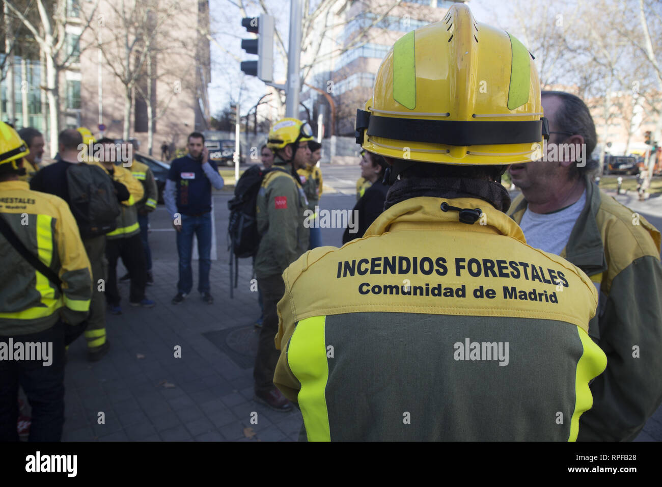 Madrid, Spain. 21st Feb, 2019. Forest fire-fighters are seen gathering ...