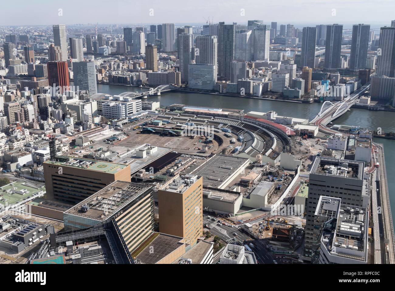 Overhead view of Tokyo's Tsukiji Wholesale Fish Market under demolition ...