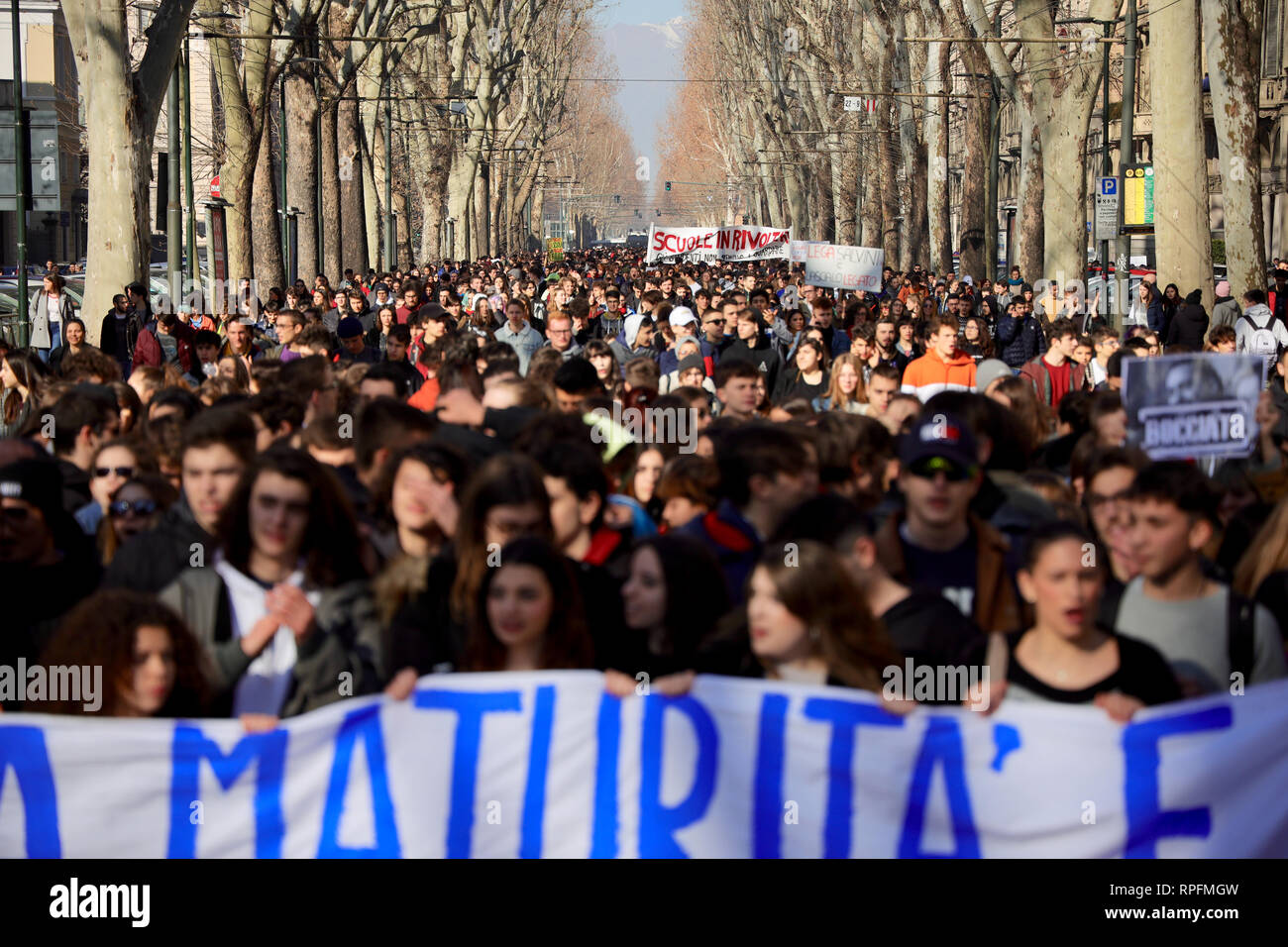 Turin, Italy. 22nd February 2019. Students protest against the cutbacks ...
