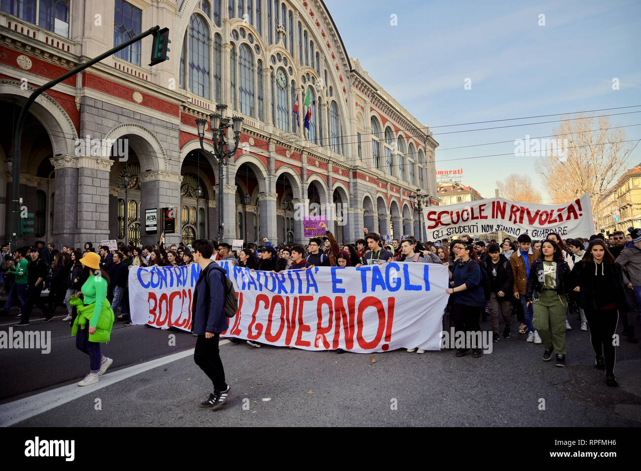 Turin, Italy. 22nd February 2019. Students protest against the cutbacks ...