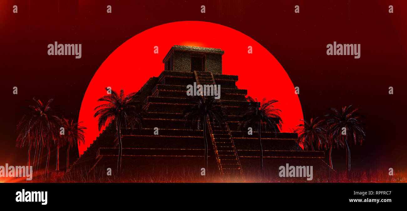 Mexican Mayan Aztec Pyramid in front of big red blood super moon ...