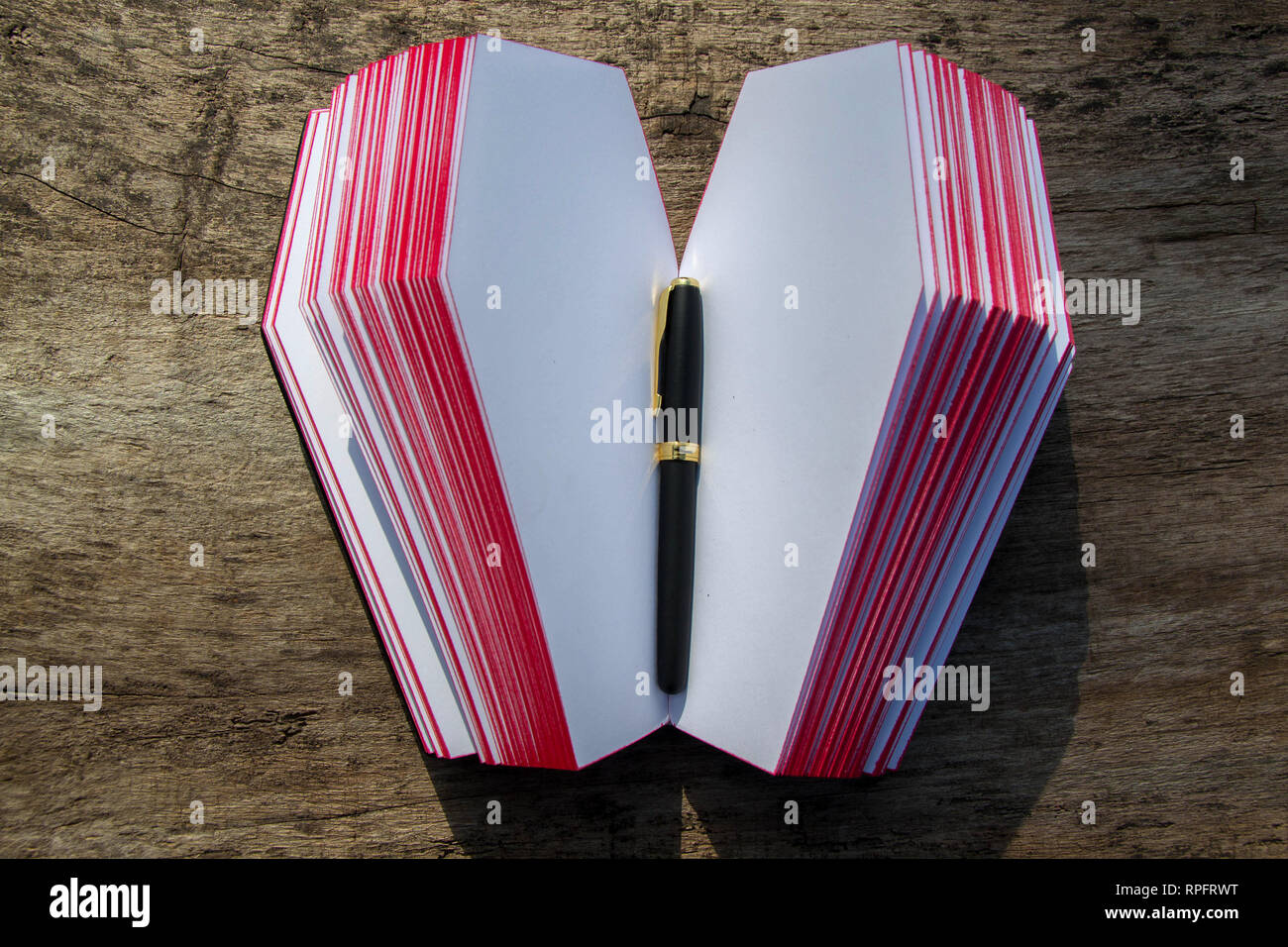 Leather book with cover in shape of Coffin. The book is captured closed ...