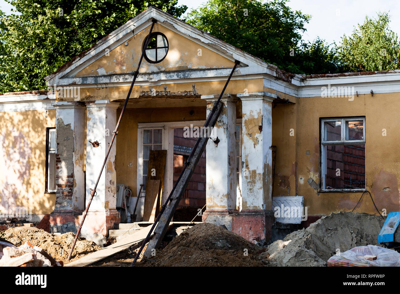 Old and ruined house at the daylight. Abandoned old home with ...