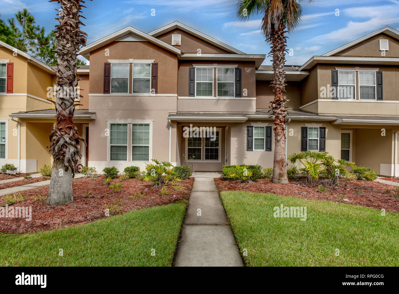 Brand new apartment building on sunny day in spring with blooming trees ...