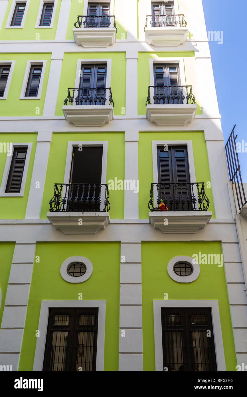 A colorful odl building on the narrow streets of Old San Juan, Puerto ...
