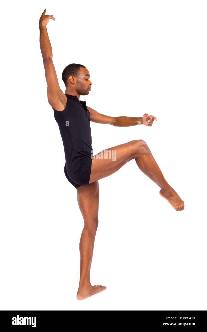 fit young black dancer balancing to show ballet forms on white ...