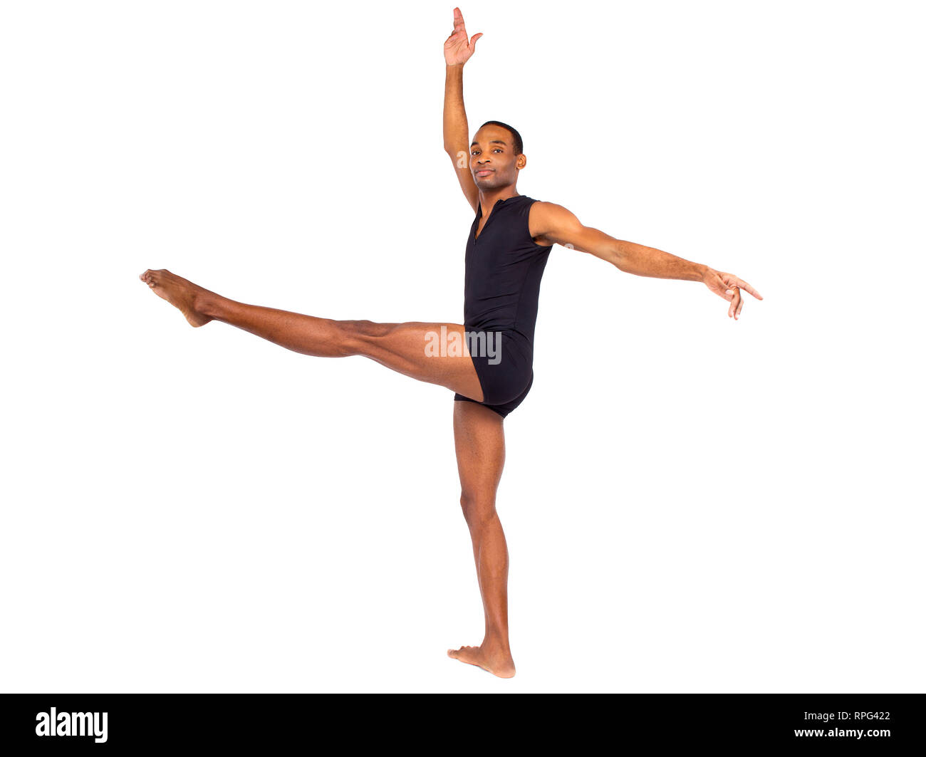 fit young black dancer balancing to show ballet forms on white ...