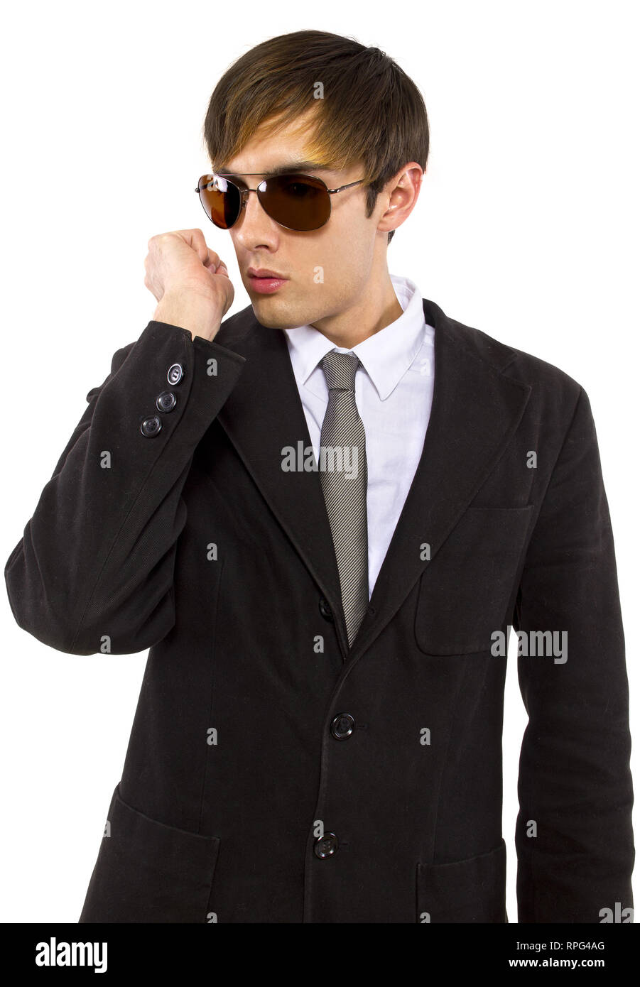 Caucasian male bodyguard wearing sunglasses and black suit Stock Photo ...
