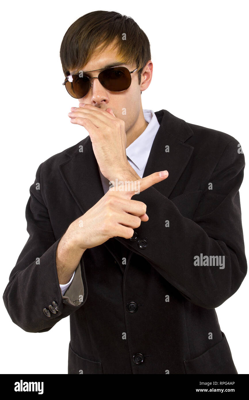 Caucasian male bodyguard wearing sunglasses and black suit Stock Photo ...