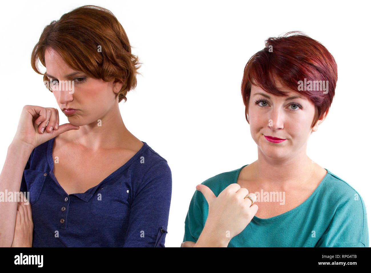 two Caucasian women arguing and distrusting each other Stock Photo - Alamy