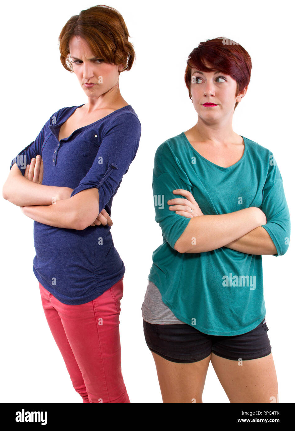 two Caucasian women arguing and distrusting each other Stock Photo - Alamy