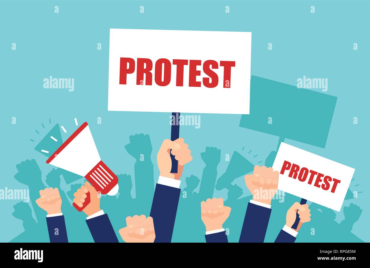 Vector of multiple hands holding protest signs and megaphone, crowd of ...