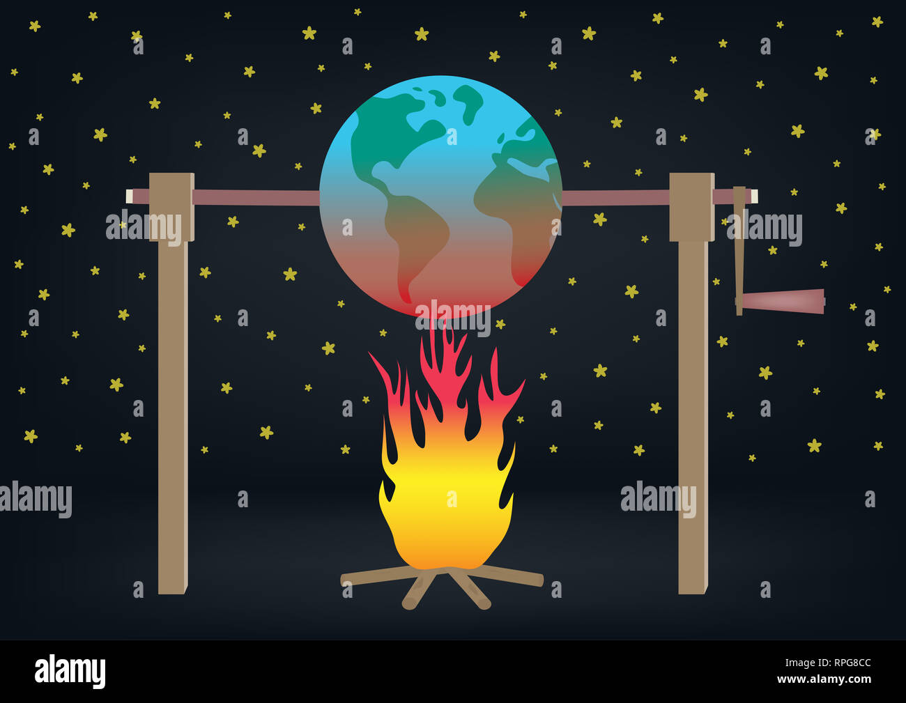 Global warming illustration. Planet earth roasting over fire Stock ...