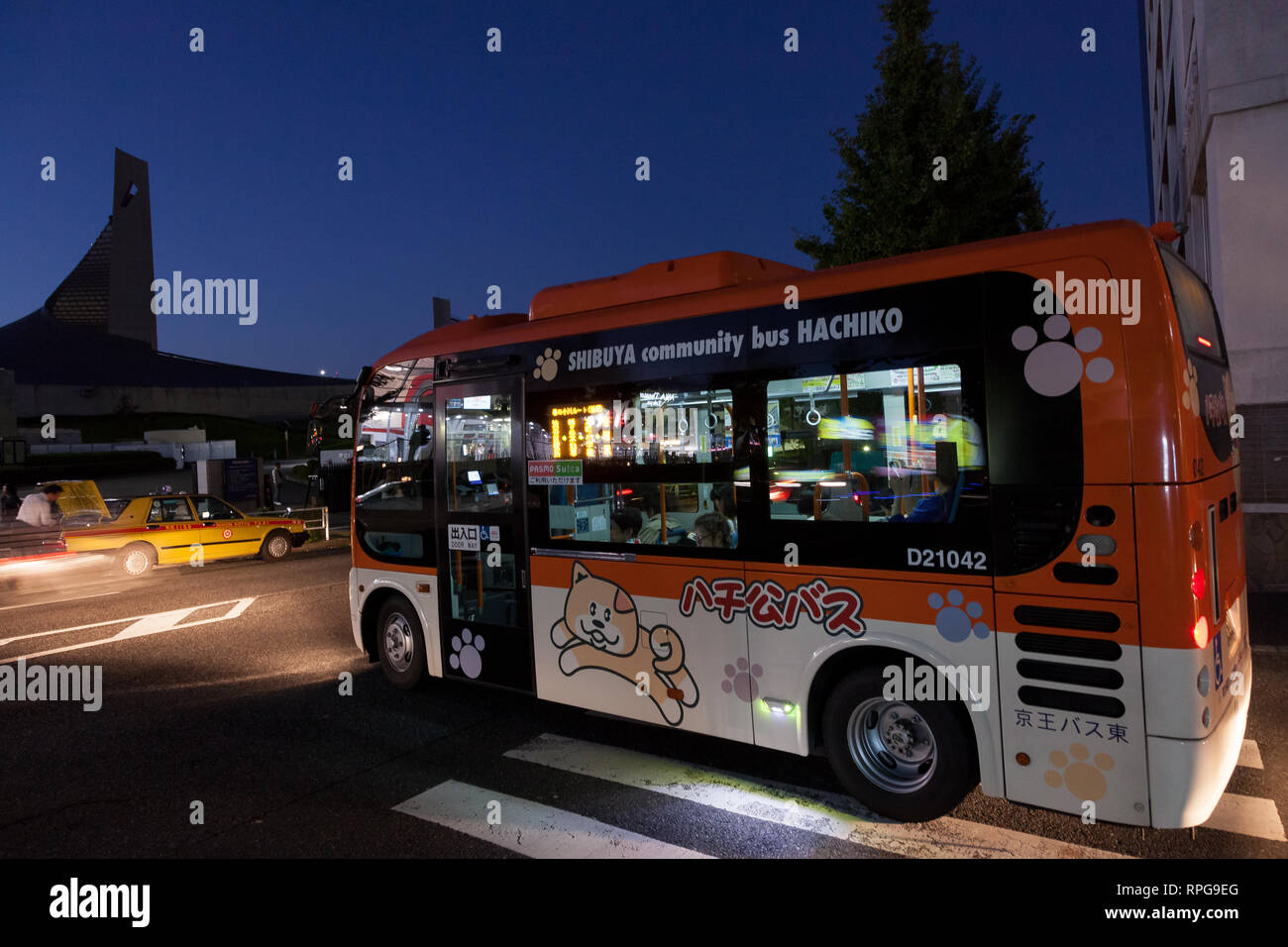 Shibuya Hachiko Community bus in front of Yoyogi National Stadiumin the ...