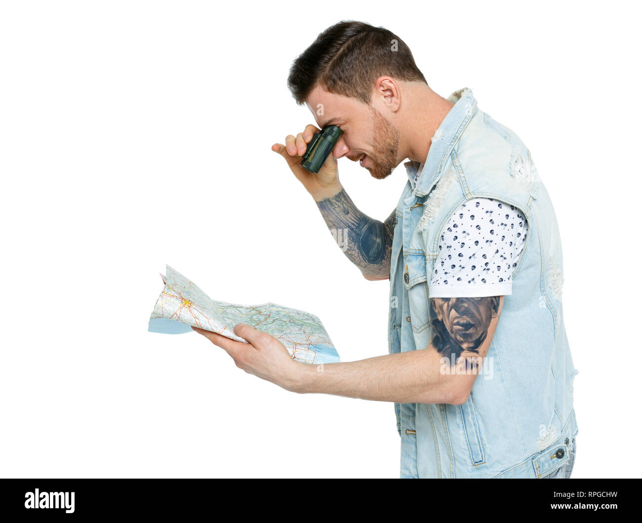 man with a map. Side view. Isolated on white background. Young stylish ...