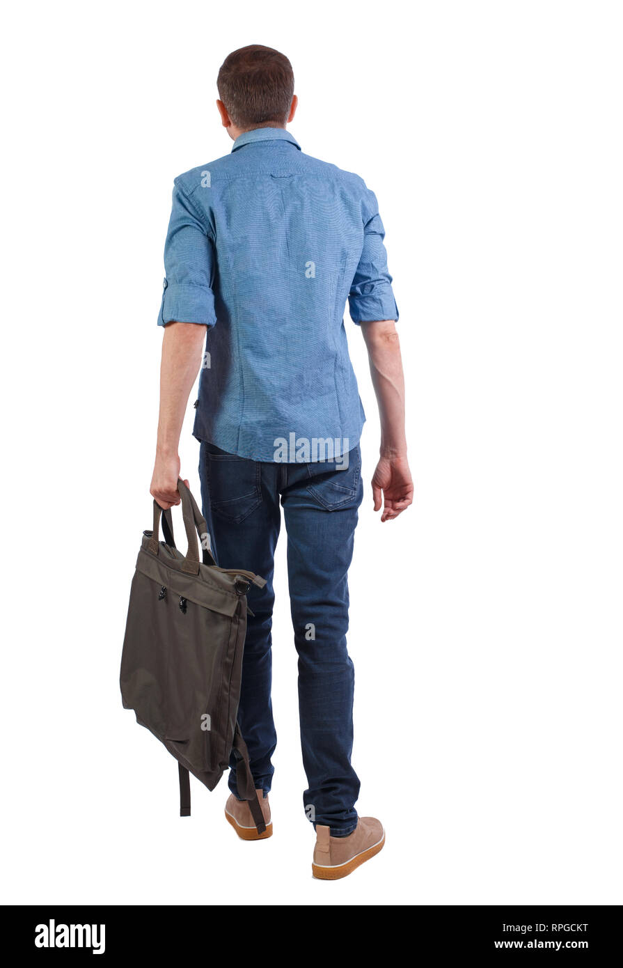 Back view of a man with a green bag. backside view of person. Rear view ...
