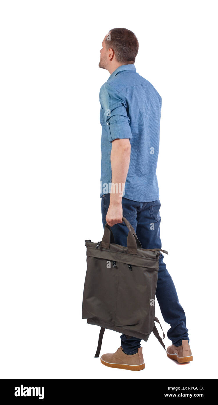 Back view of a man with a green bag. backside view of person. Rear view ...