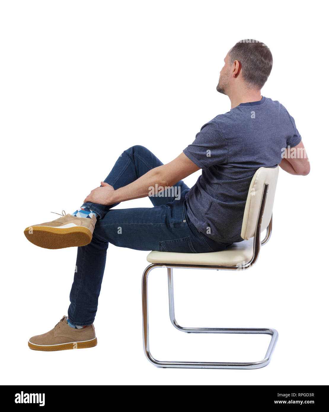 Side view of a man sitting on a chair. Rear view people collection ...