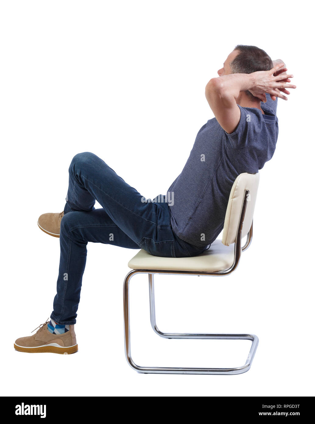 Side view of a man sitting on a chair. Rear view people collection ...
