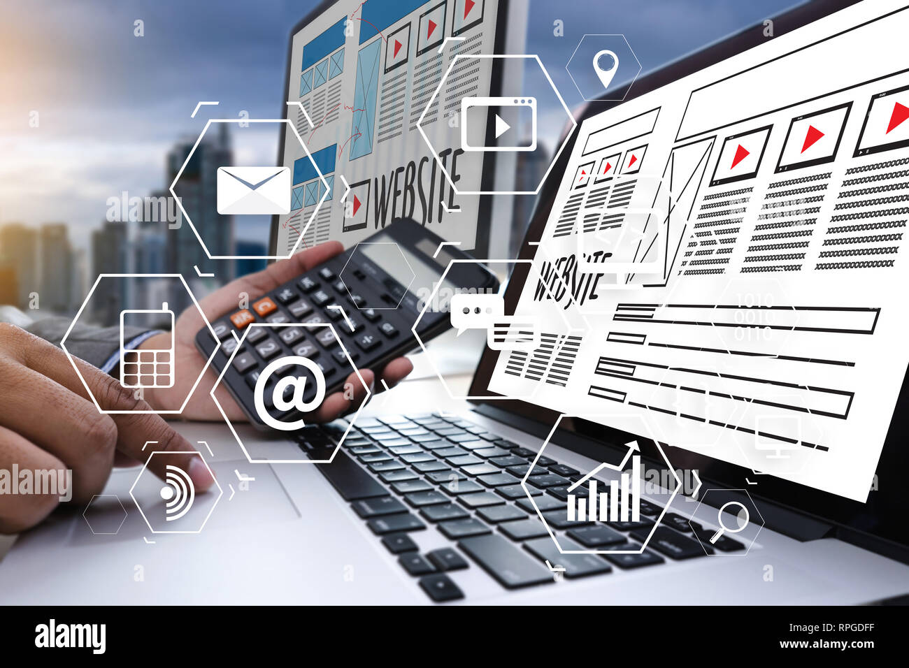 Man using tablet computer virtual interface graphic icons network ...