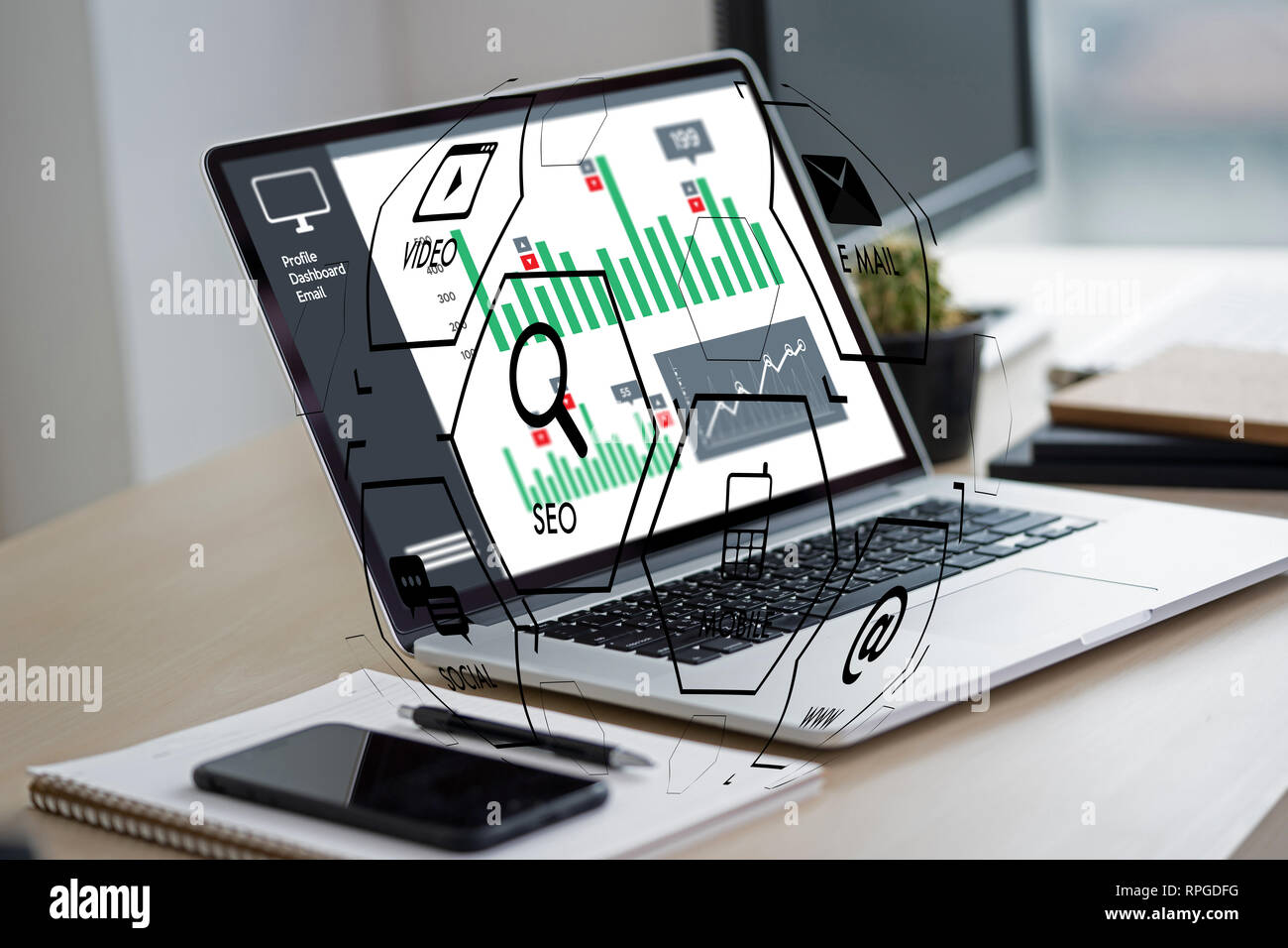 Man using tablet computer virtual interface graphic icons network ...